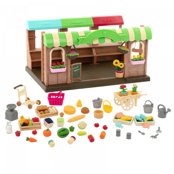 Hoppin’ Farmers Market | Shop Playset with Toy Food | Li’l Woodzeez